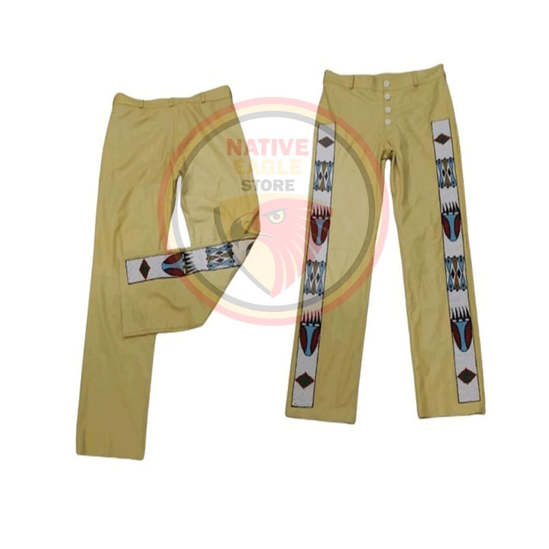 Men's New Tan Beige Leather Beaded Pant Native Powwow Pant NFP348 - Etsy
