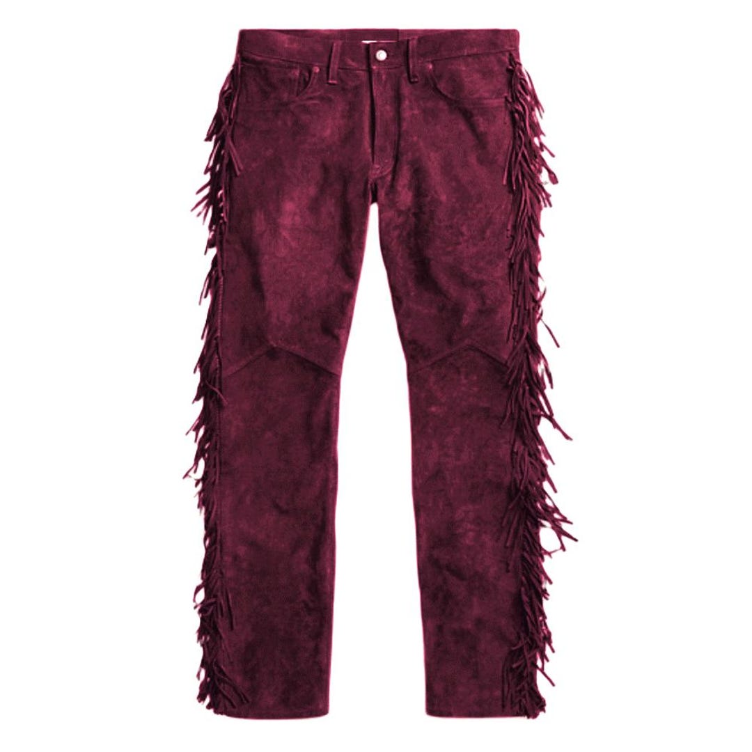 Burgundy Maroon Suede Leather Fringe Cowboy Pants for Mens FP15 - Etsy