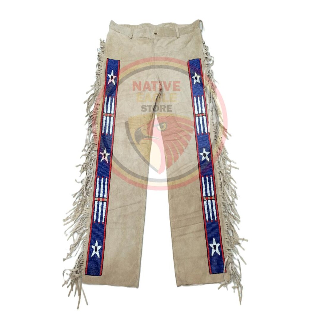 Men's Beige Suede Leather Fringe Beaded Pant Native Powwow Pant NFP237 ...