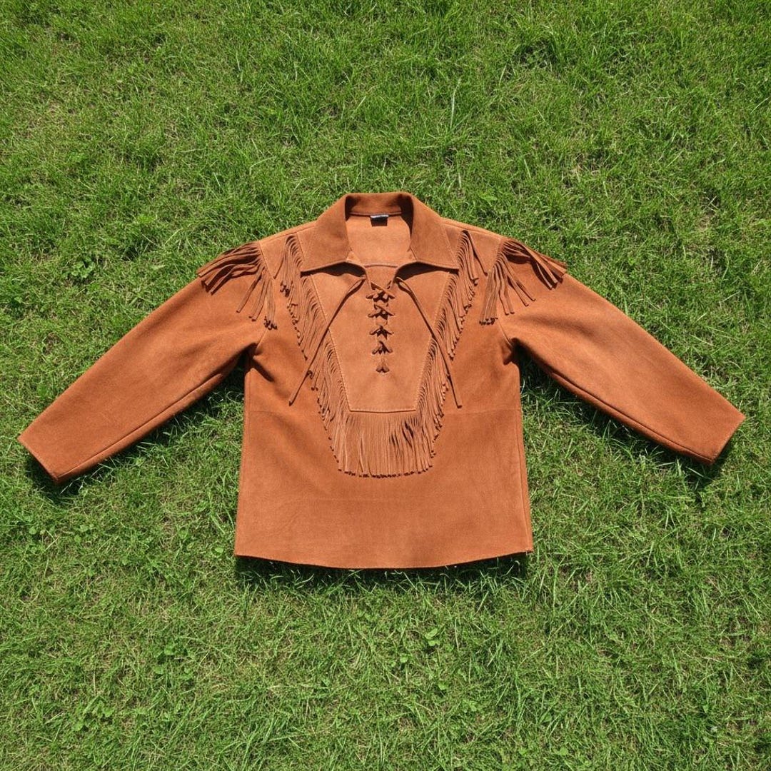 Men's Brown Suede Leather Mountain Man Shirt: Frontier Style Pullover ...