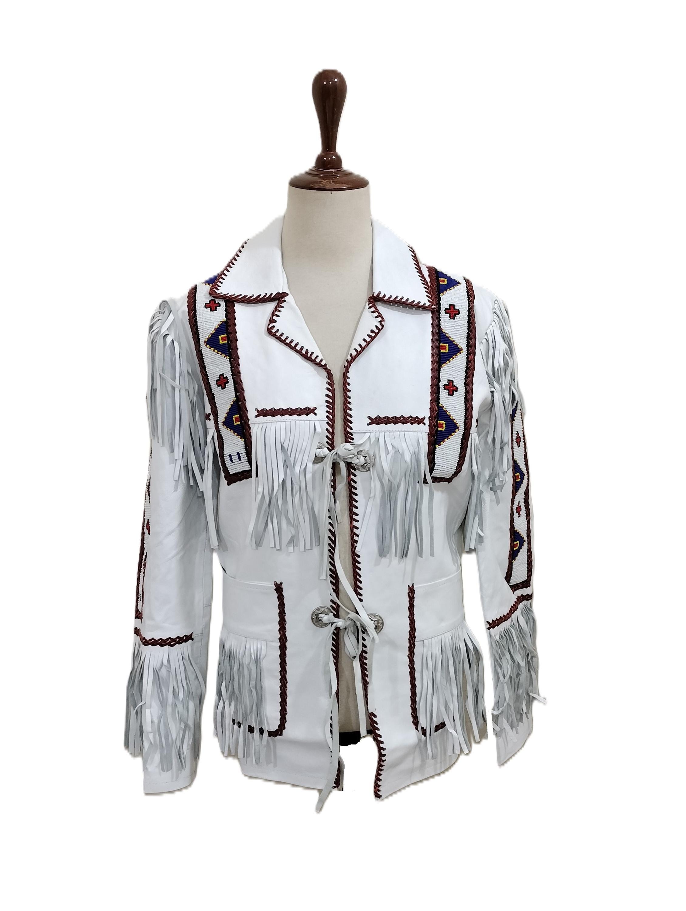 New White Leather Handmade Beaded Fringe Leather Jacket Powwow Jacket ...