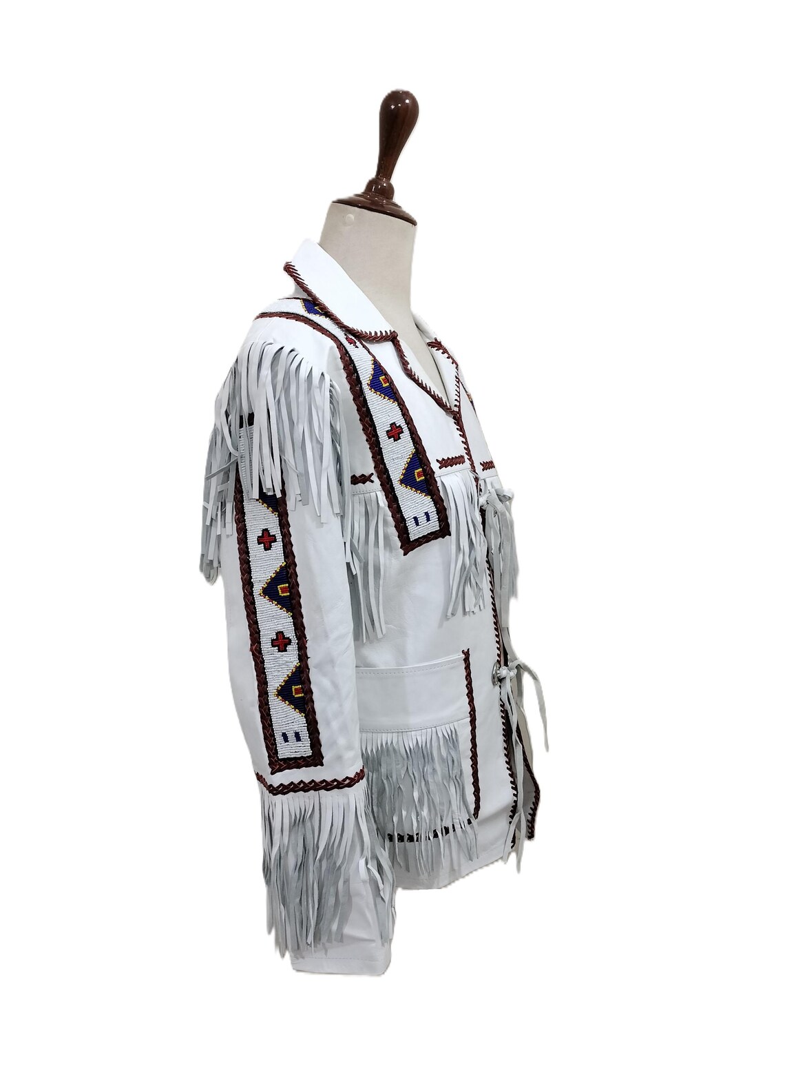 New White Leather Handmade Beaded Fringe Leather Jacket Powwow Jacket ...