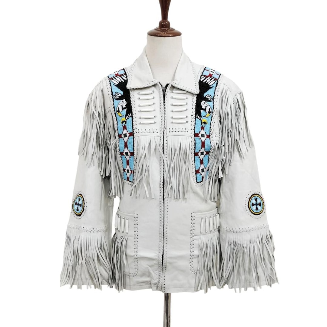 Handmade White Leather Fringe Jacket: Native American Beaded Powwow ...
