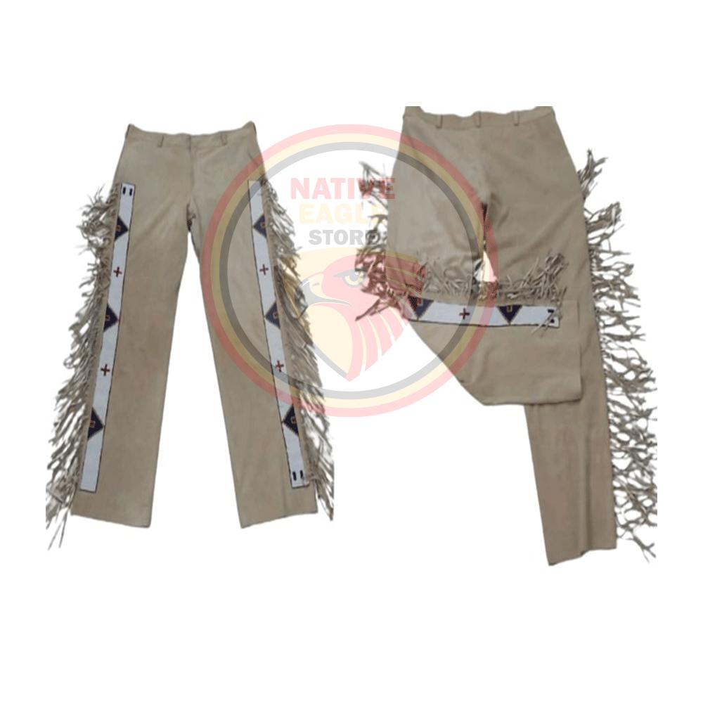 Men's New Beige Suede Leather Fringe Beaded Pant Native Powwow Pant ...