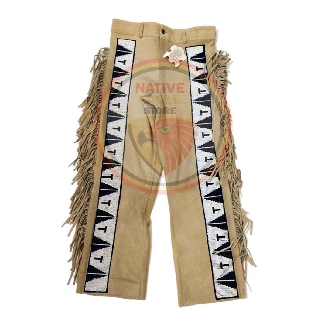 Men's New Tan Beige Suede Leather Fringe Beaded Pant Native Powwow Pant ...