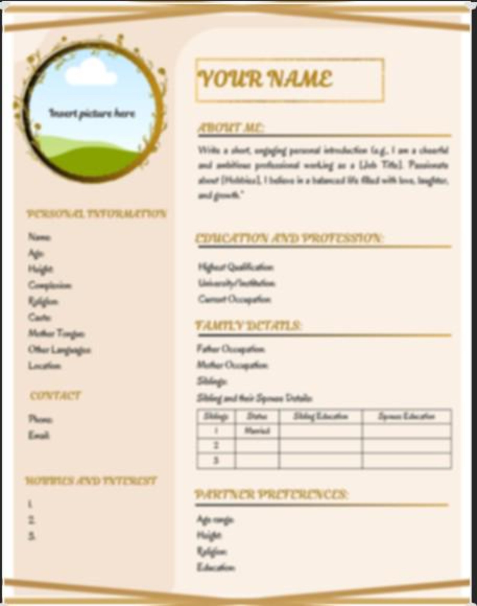 Wedding Biodata Template | Editable Canva Matrimony CV | Classic ...
