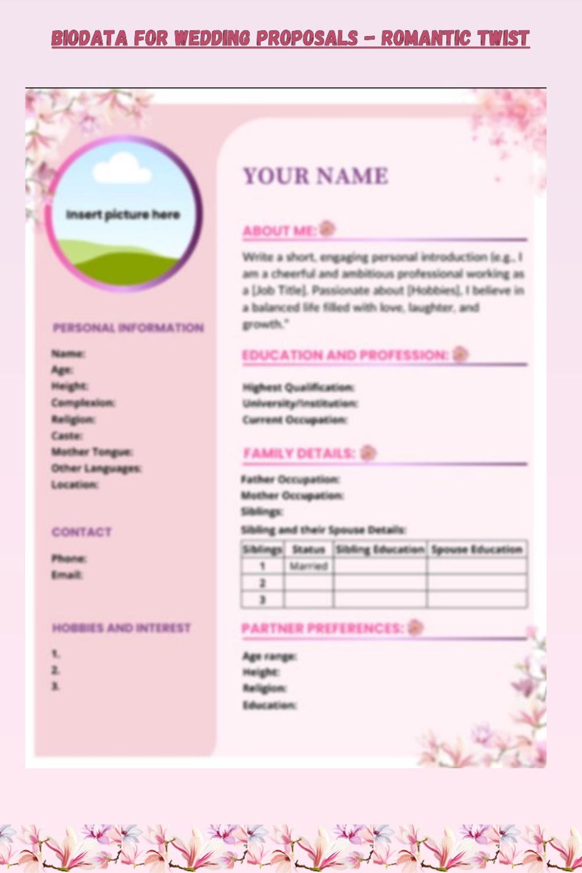 Wedding Biodata Template | Editable Canva Matrimony CV | Classic ...