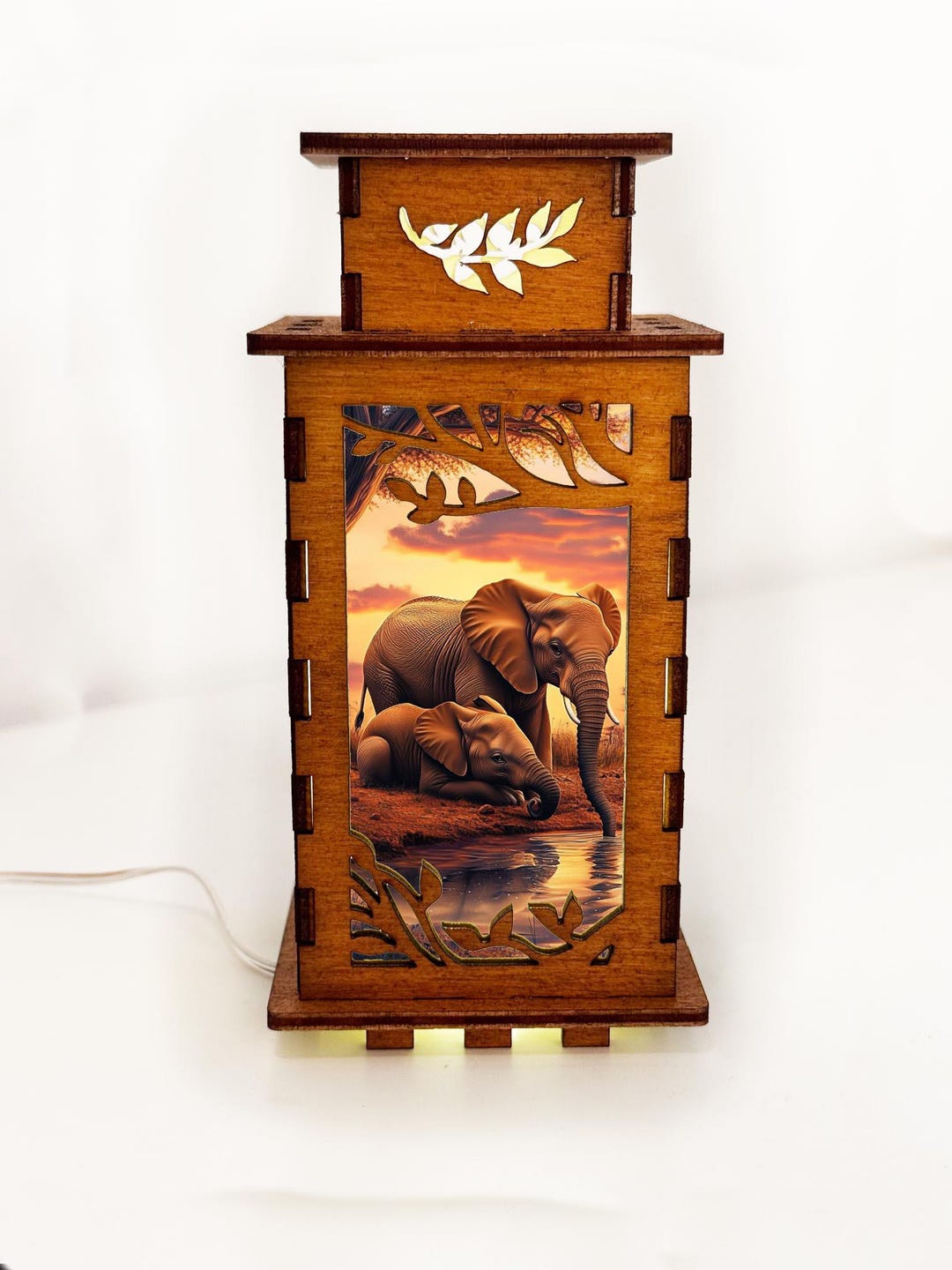 African Elephants on A Lake Wooden Night Lamp Lantern, Sunset Africa ...