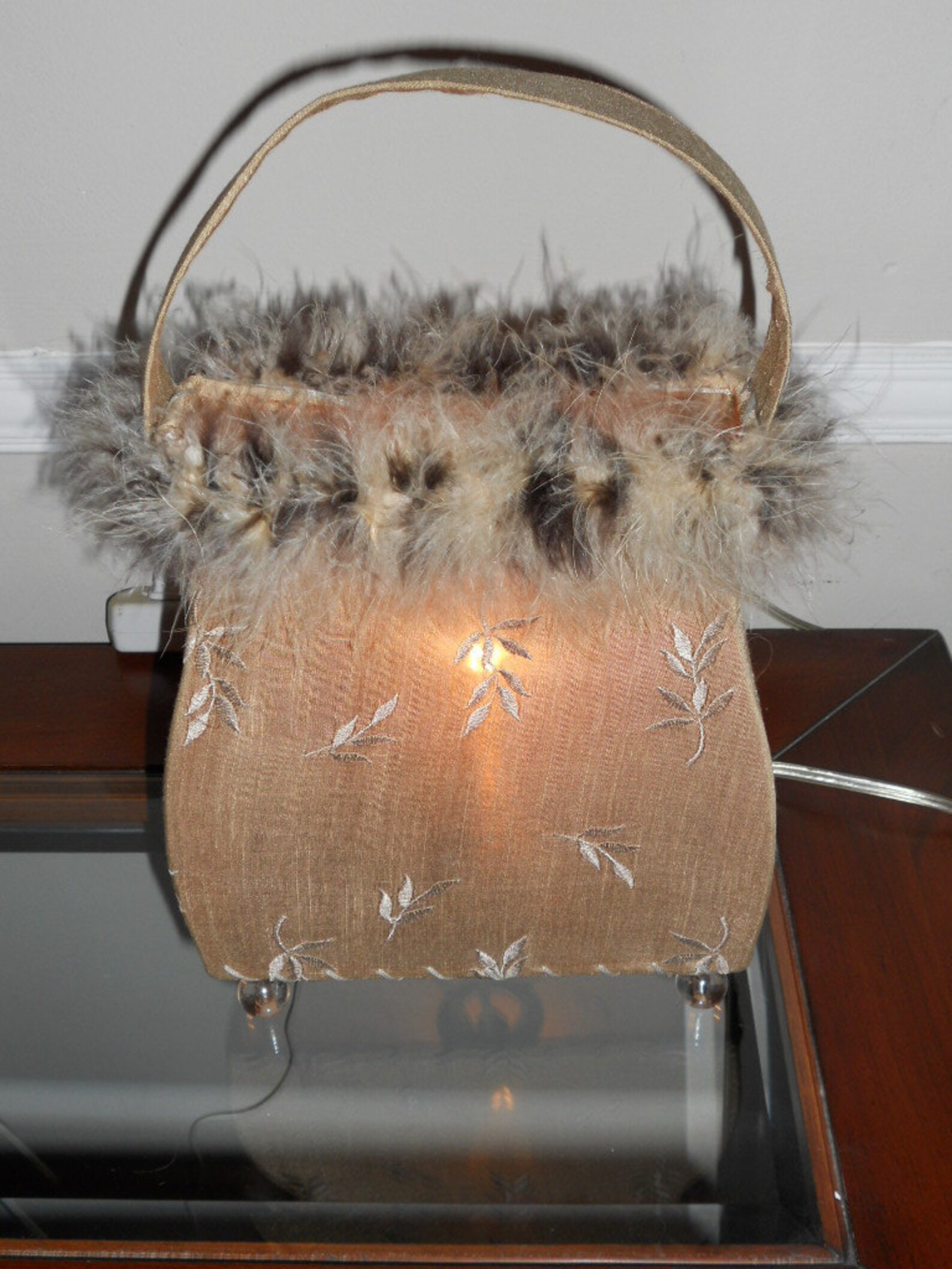 Shabby Chic PURSE LAMP With Leaf Print and Feathers - Etsy