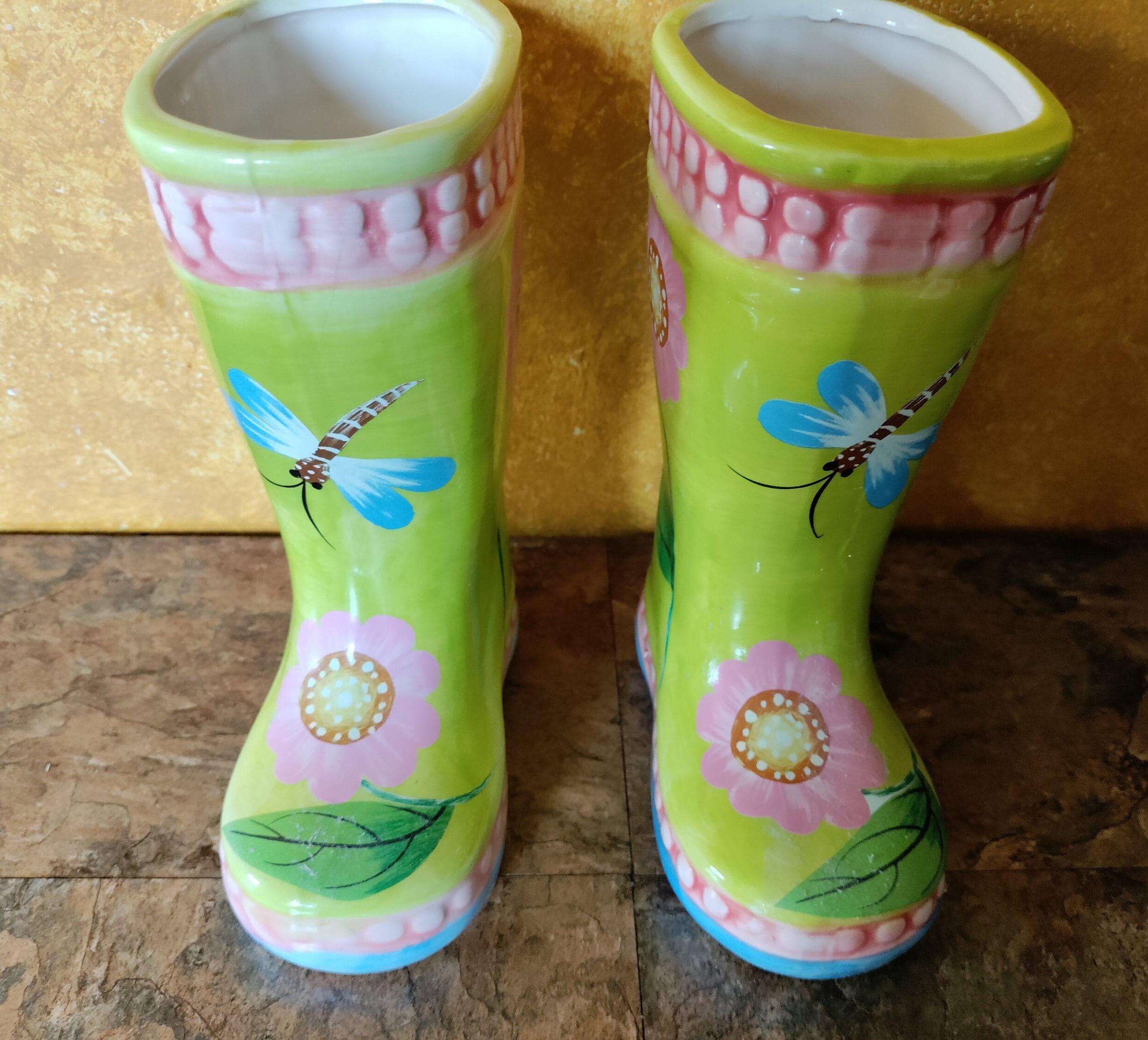Ceramic Rain Boot Planters With Pink Flowers & Dragonflies - Etsy