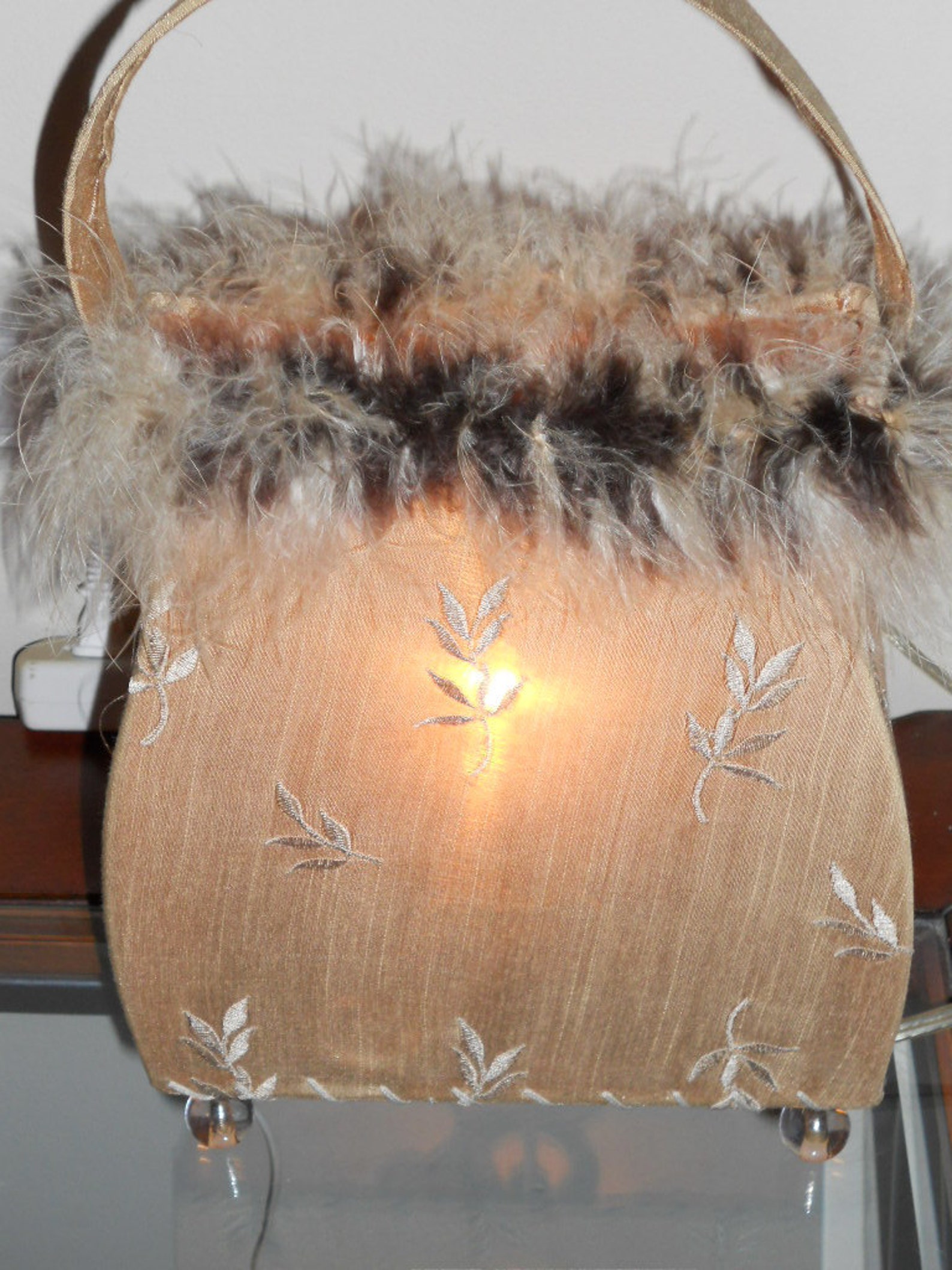 Shabby Chic PURSE LAMP With Leaf Print and Feathers - Etsy