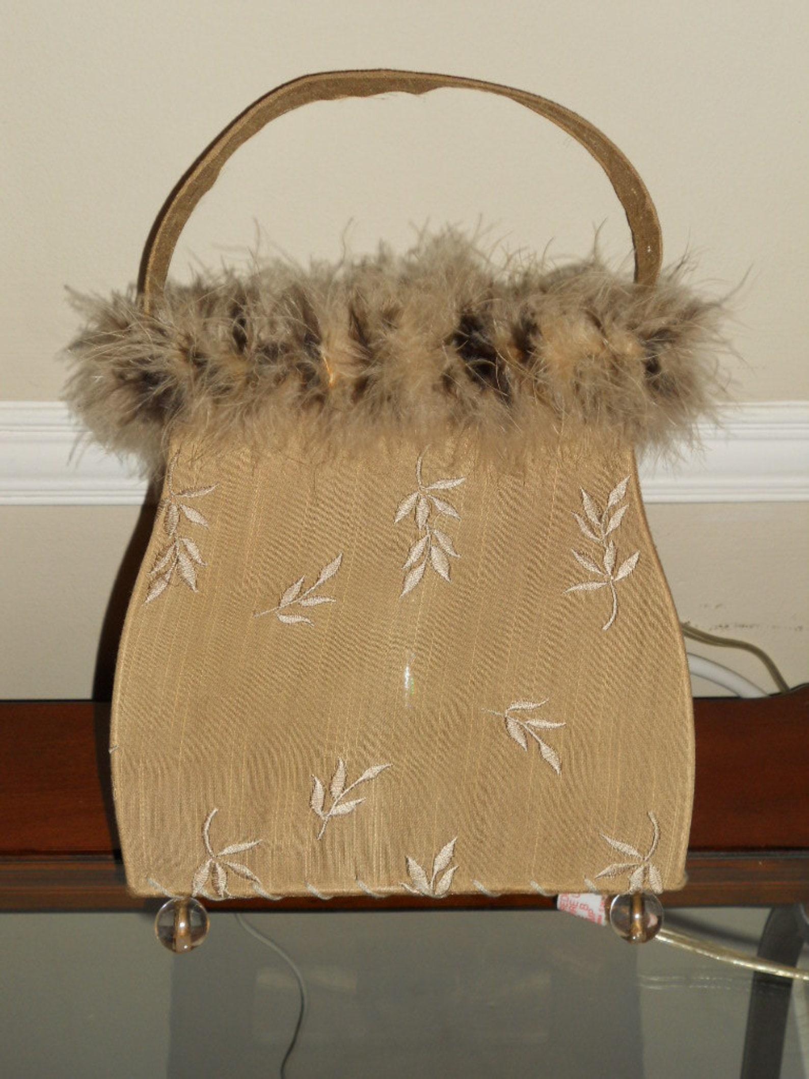 Shabby Chic PURSE LAMP With Leaf Print and Feathers - Etsy