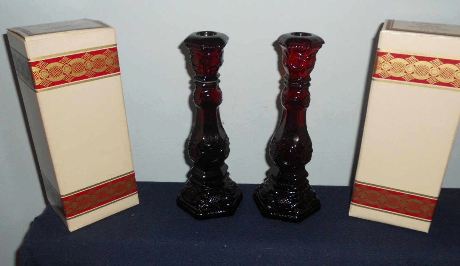 Vintage AVON CAPE COD Red Glass Decanter Candlesticks Filled With ...