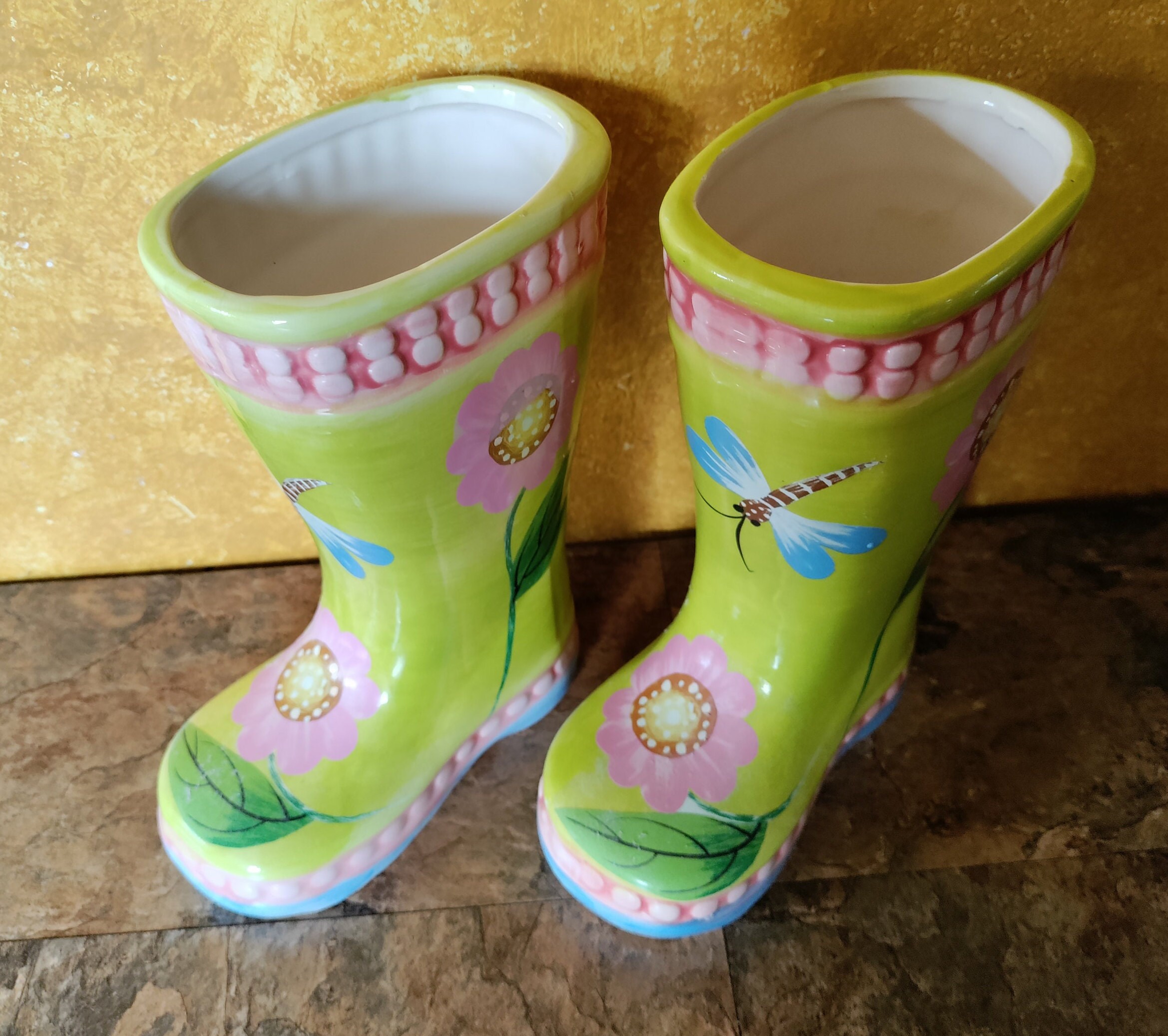 Ceramic Rain Boot Planters With Pink Flowers & Dragonflies - Etsy