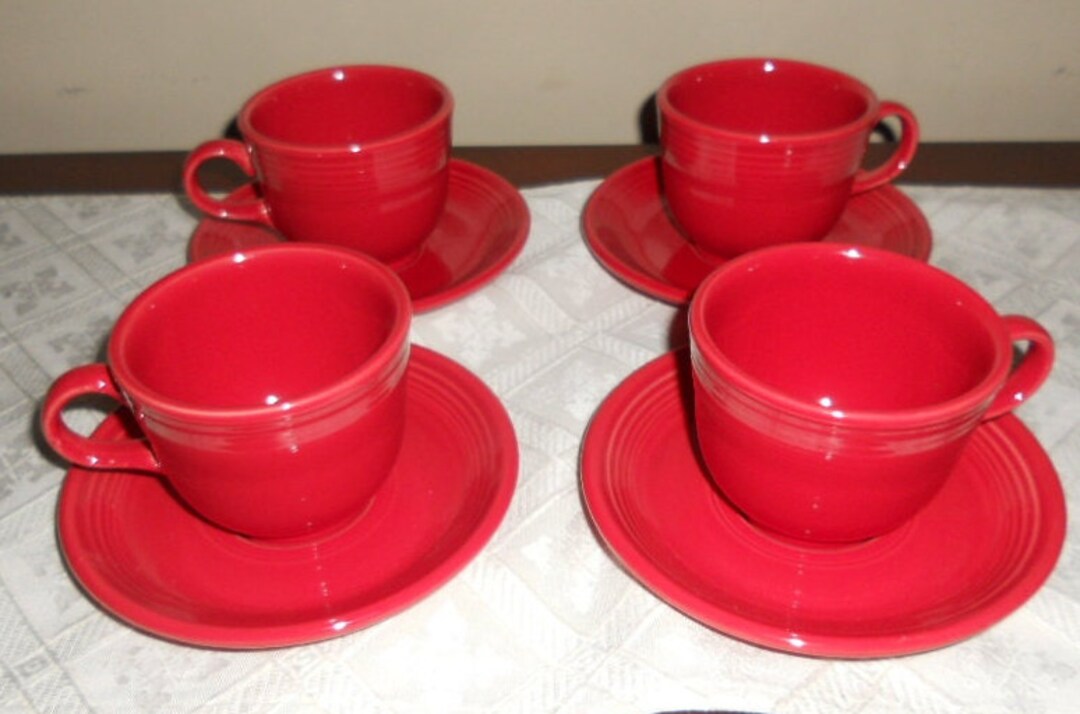 Vintage Red Fiestaware 8 Piece Set Cups and Saucers Classic Bright Red ...