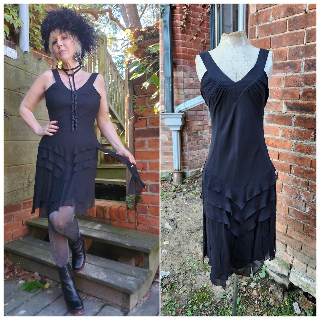 Vintage 90s Y2K Sue Wong Black Silk Dress Car Wash Fringe Hem Ruffles ...