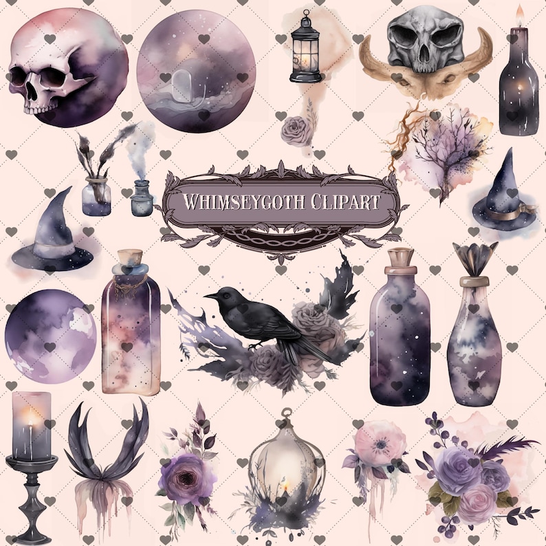 Whimseygoth Clipart, 20 PNG Clipart Bundle, Watercolor Goth PNG ...