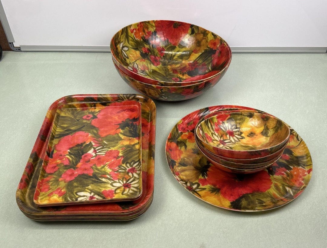 Vintage Floral Fiberglass Serving Snack Bowls Trays Lot 1970s Groovy ...