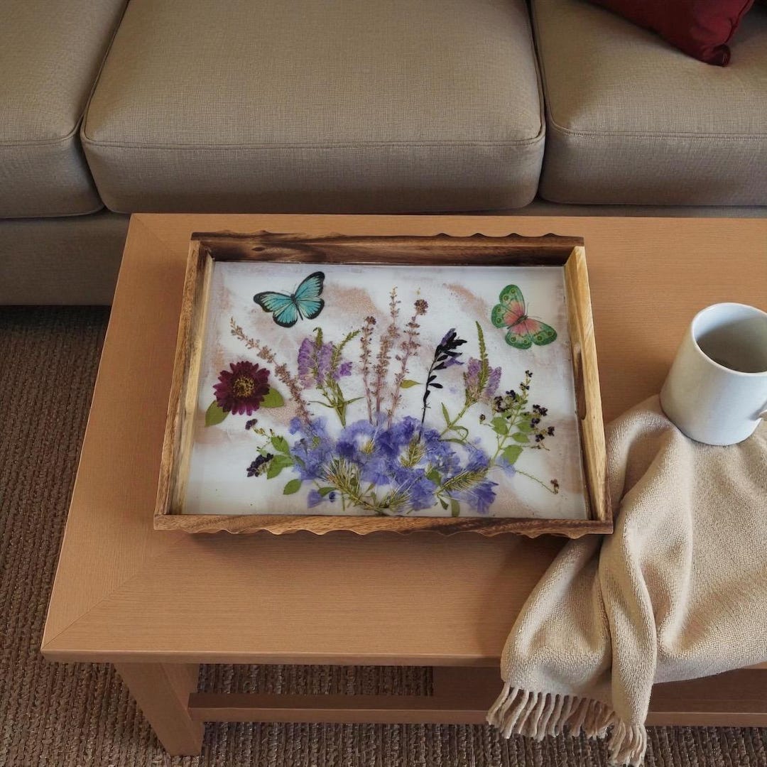 Pressed Flower Serving Tray – Rustic Wooden Breakfast Tray, Floral ...