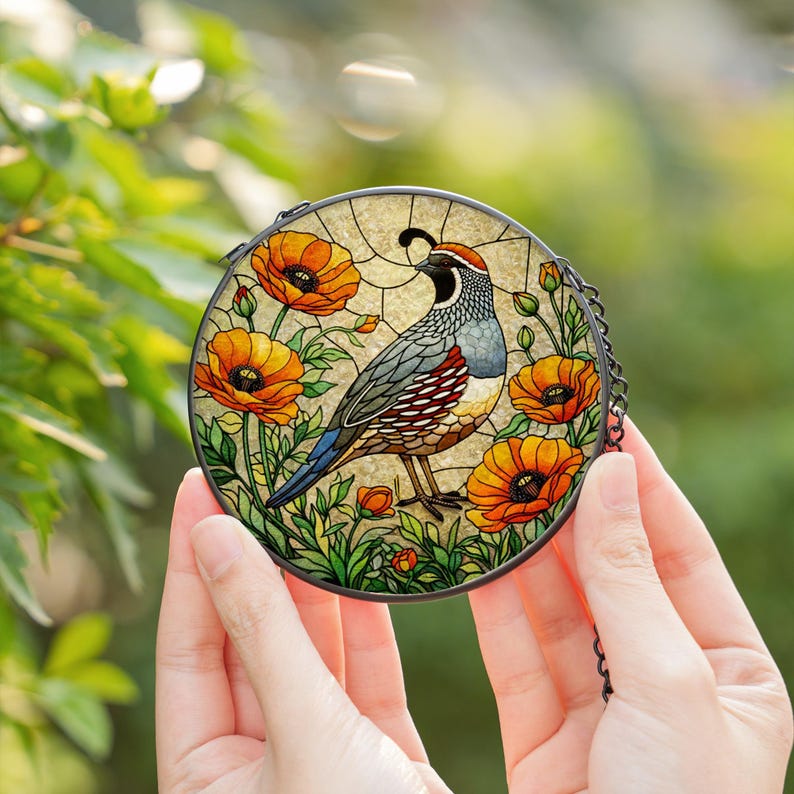 California Quail Stained Glass Suncatcher, Poppy Flower Window Hanging ...