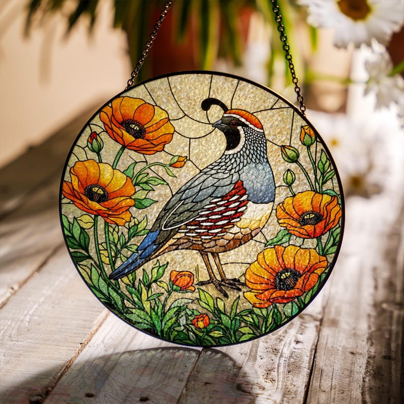 California Quail Stained Glass Suncatcher, Poppy Flower Window Hanging ...