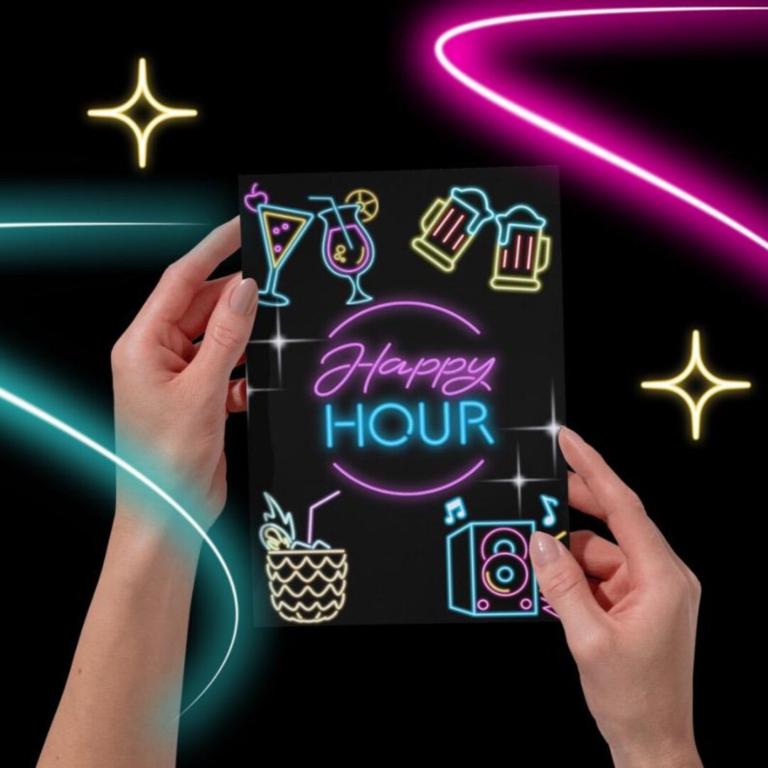 Neon Happy Hour Digital Art – Retro Bar Sign Printable | Party ...