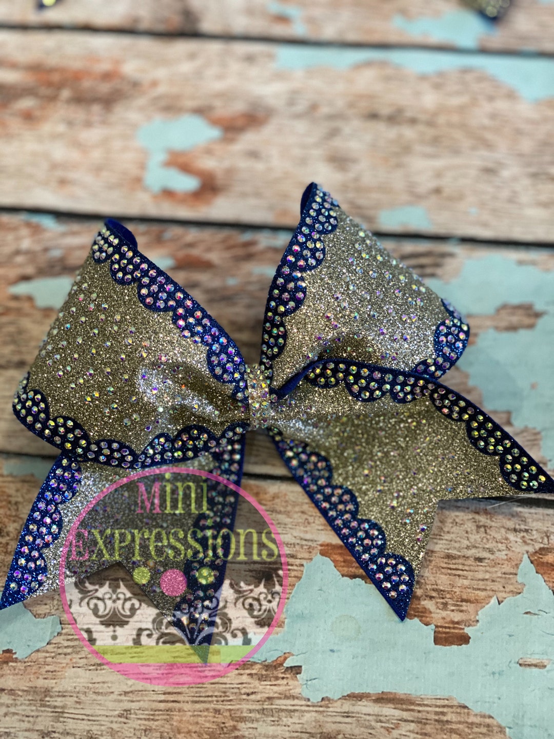 Navy and Gold Glitter Rhinestone Cheer Bow/ Cheerleading/ School Cheer ...