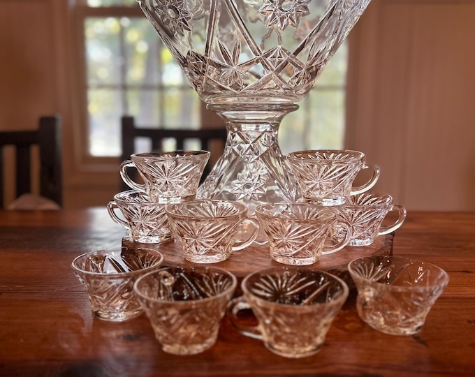 Vintage Star of David Crystal Punch Bowl Set With Stand & 10 Cups – Mid ...