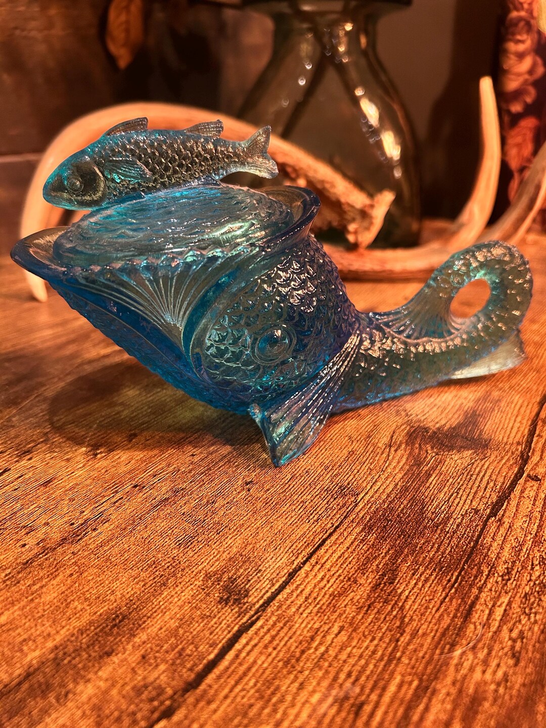 Vintage Pressed Glass Fish Candy Dish With Lid | Ice Blue Kemple ...