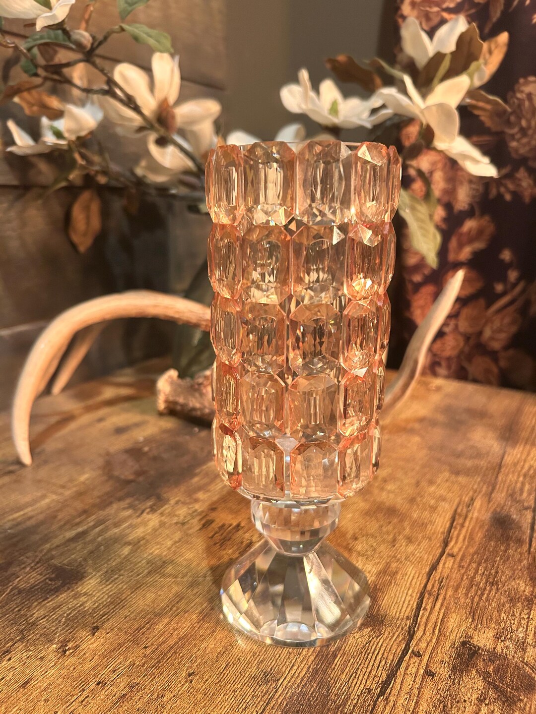Vidali Rose Gold Amber Crystal Faceted Candle Holder | Glam Vintage ...