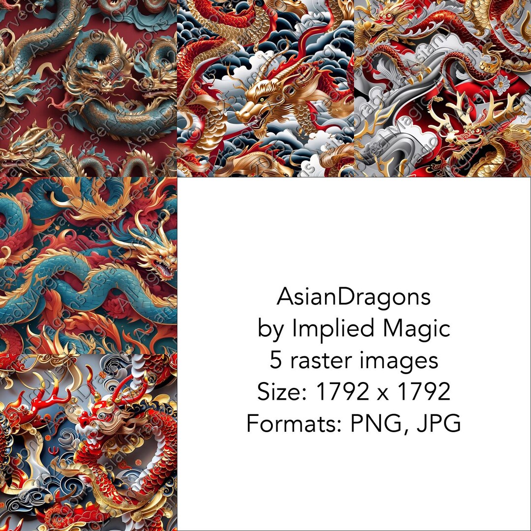 Asian Dragons Seamless Tile Patterns – 5 Luxurious Mythical Designs in ...