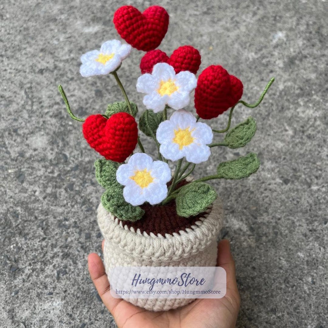 Crochet Heart Flower Pot, Handmade Love Bouquet - Etsy