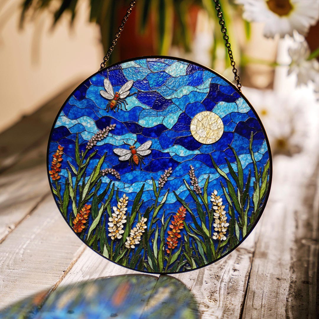 Fireflies and Moon Stained Glass Night Sky Suncatcher Gift for Nature ...