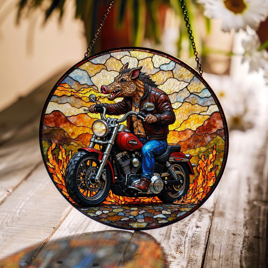 Wild Boar Biker Stained Glass Suncatcher Hog Motorcycle Art Gift for ...
