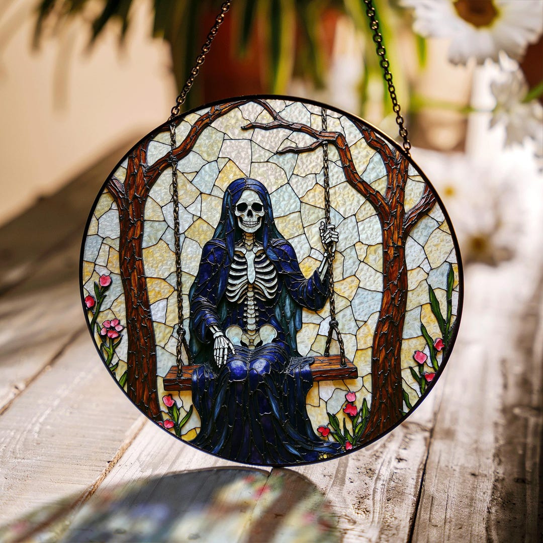 Suncatcher Stained Glass Grim Reaper Skeleton on Swing Halloween Gift ...