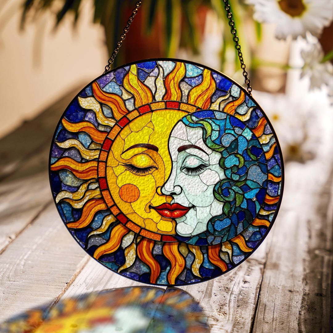 Sun and Moon Face Stained Glass Round Window Suncatcher Gift for Her - Etsy