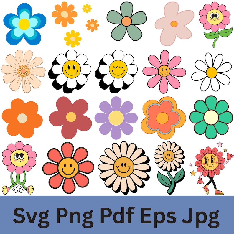 Retro Flower SVG Bundle, Boho Flower SVG, Groovy Floral Clipart, Cute ...