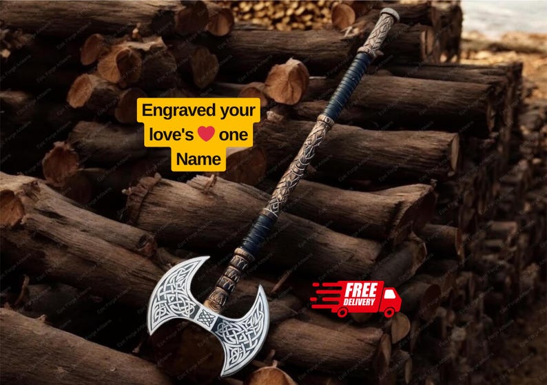 Custom Handmade Viking Double Headed Axe – Engraved Steel Blade, Ash ...
