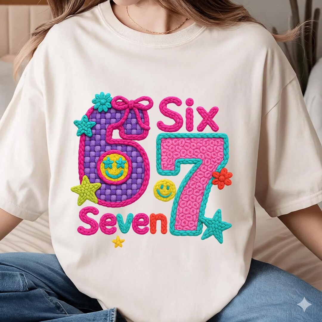 Six Seven Birthday PNG, Crochet Style Colorful Number 6 7 PNG, Groovy ...