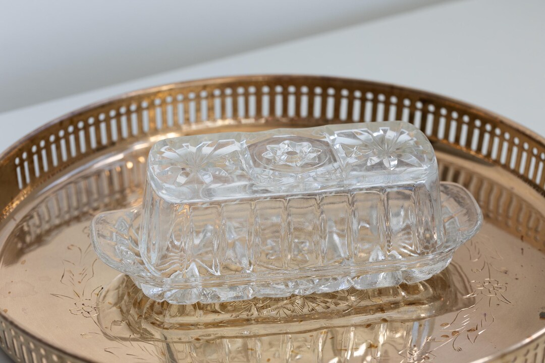 Pressed Cut Glass Crystal Lidded Butter Dish, Starburst, Star of David ...