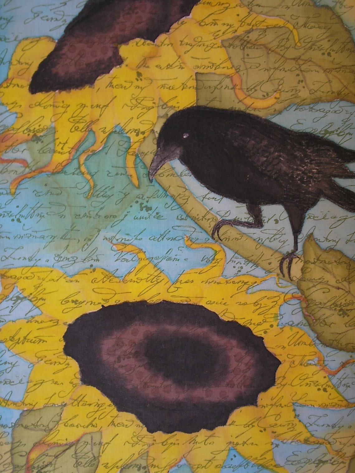 Hand Painted Crow and Sunflowers on Timeless Treasures Script Fabric ...