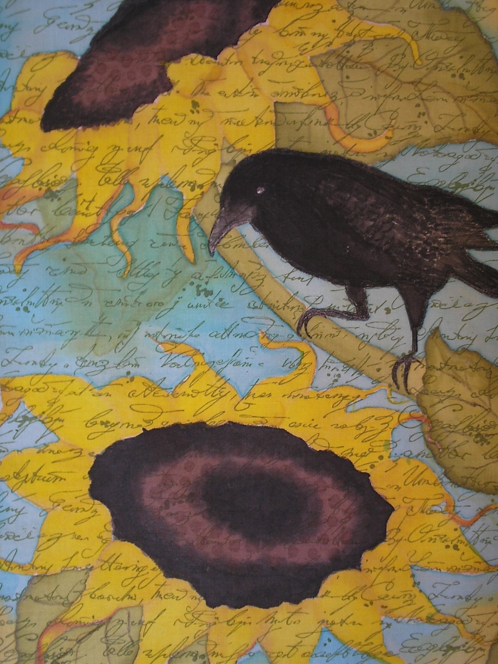 Hand Painted Crow and Sunflowers on Timeless Treasures Script Fabric ...
