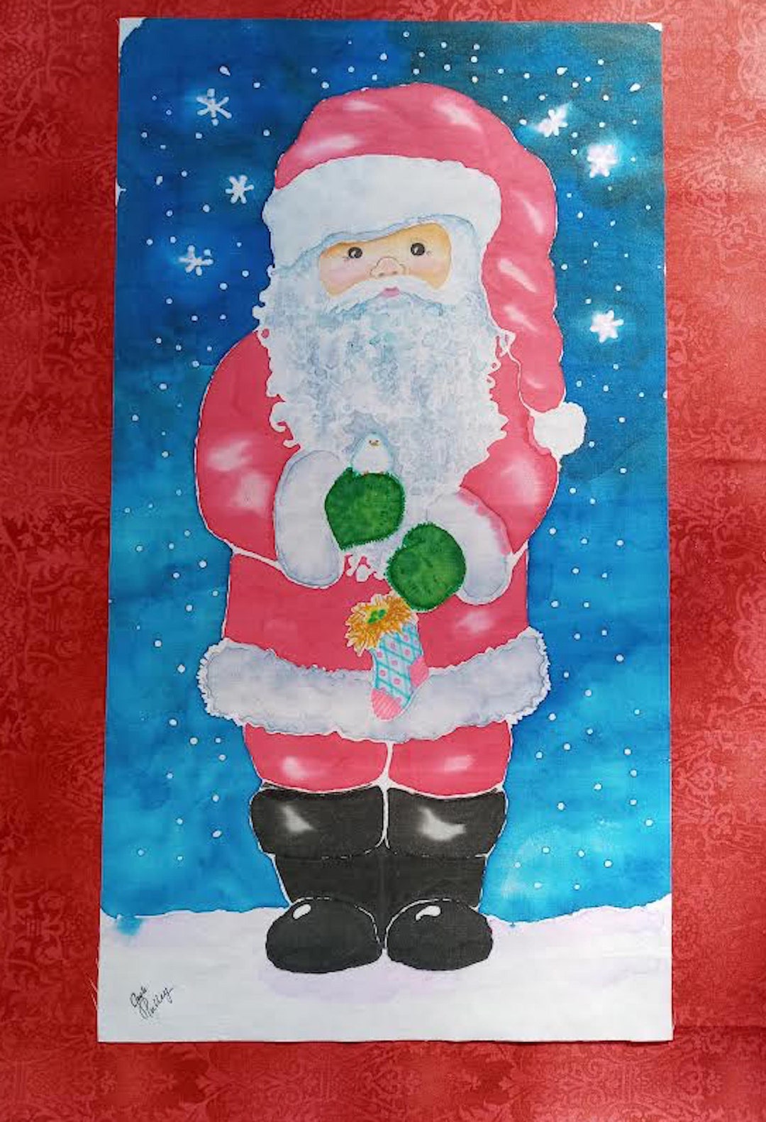 Hand Painted Santa Clause on 100% Cotton Fabric Quilt Block Fabric ...