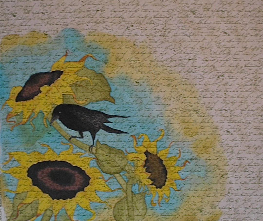 Hand Painted Crow and Sunflowers on Timeless Treasures Script Fabric ...