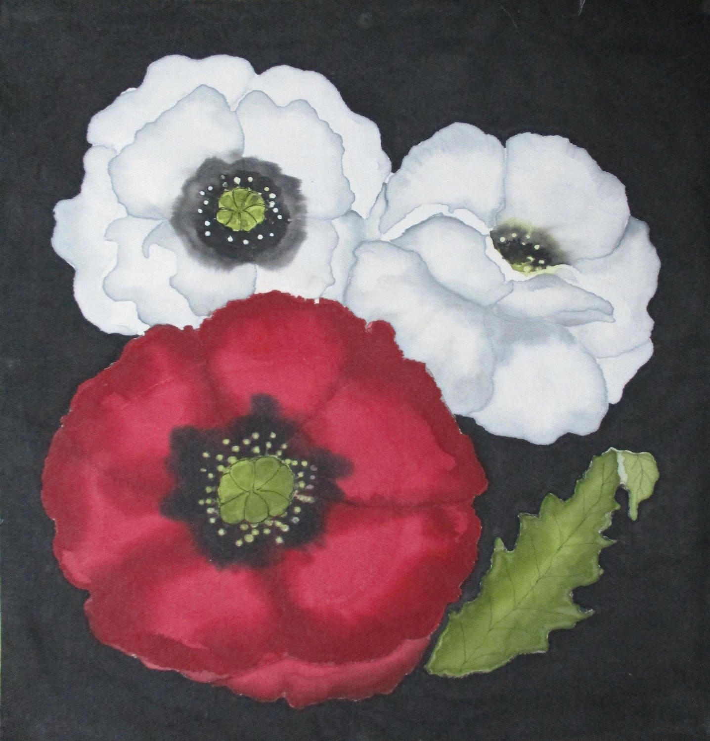 Red and White Poppies Hand Painted Fabric Panel Quilt Block on Cotton ...