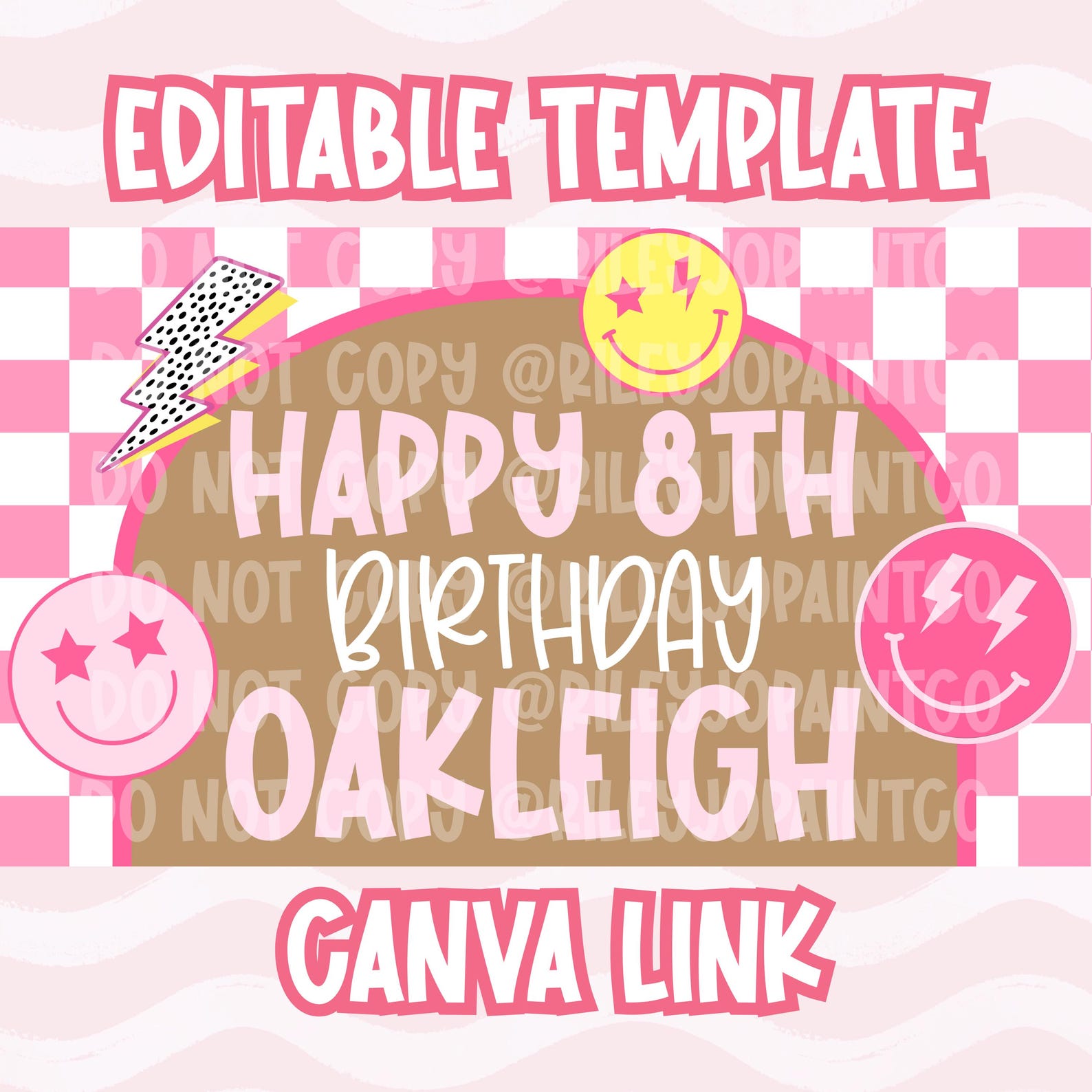 Preppy Pink Birthday Banner Template - Pink Smiley Face Lightning Bolt ...