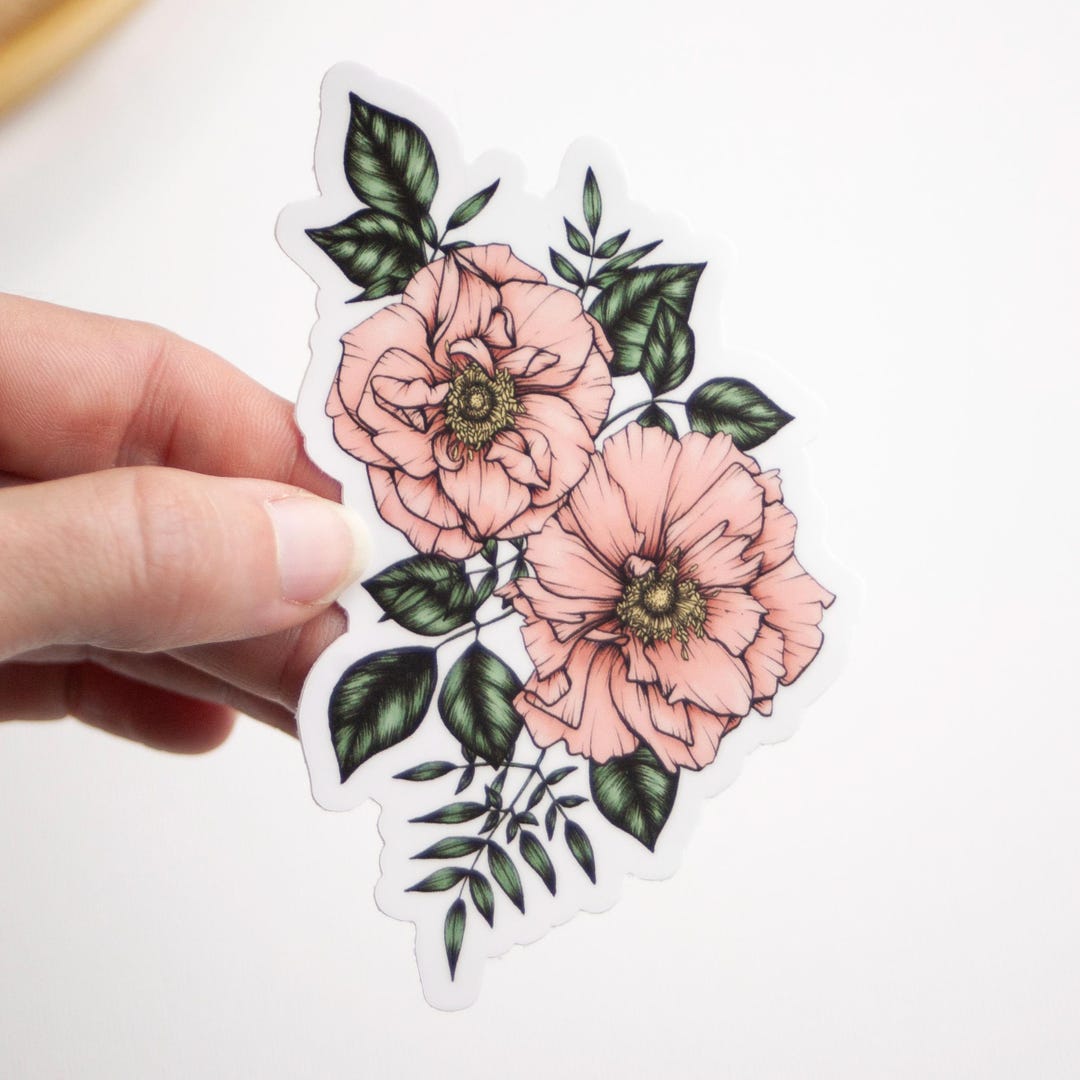 Pink Wild Rose Botanical Vinyl Sticker for Laptop, Pretty Flower Decal ...