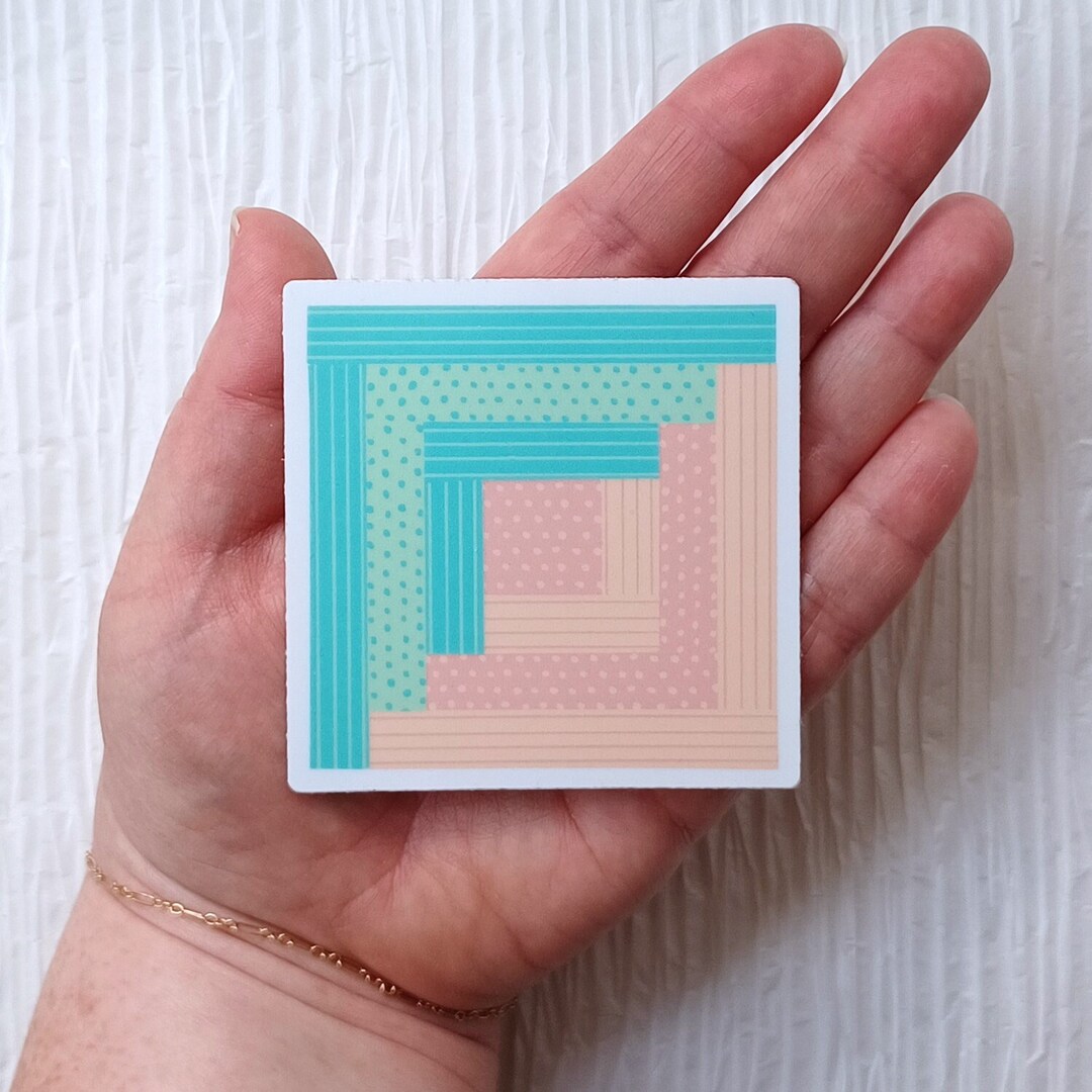 Quilt Block Sticker, Log Cabin Quilt Block, Blue Green Teal, Square ...