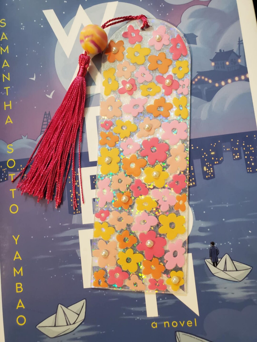Pink and Yellow Flower Bookmark With Sparkle Layer and Pearl Beads - Etsy