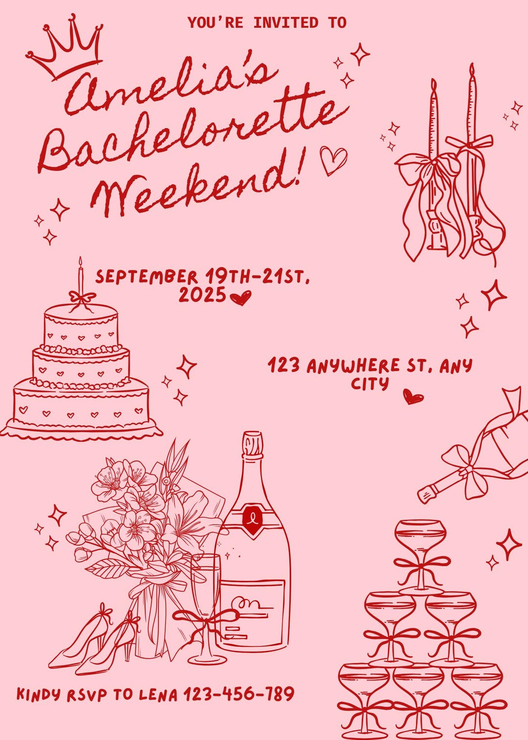 Pink Hens Party Invite Bundle, Hand Drawn Designs, Bachelorette Party ...